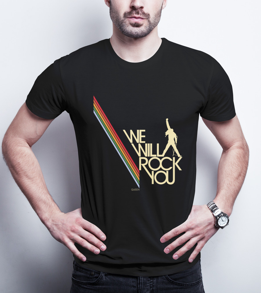 Queen We Will Rock You Silhouette Logo Rainbow Stripes T-Shirt
