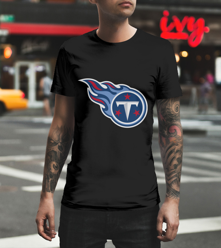 Tennessee Titans Logo Iconic Emblem Blue And Red Flames T-Shirt