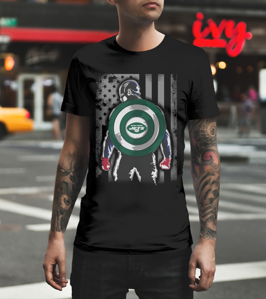 New York Jets Captain America Shield With Flag Background T-Shirt