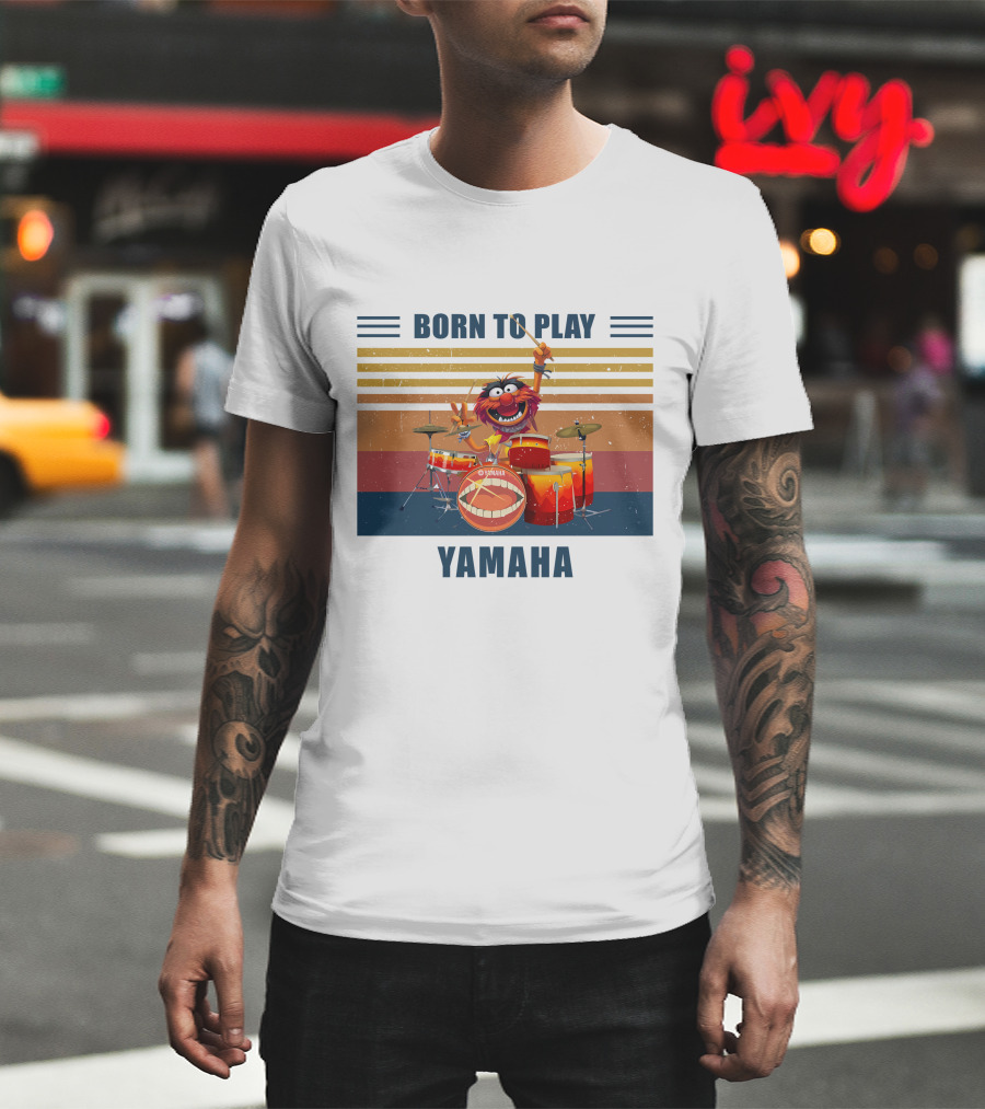 Born To Play Drum Yamaha With Animal Muppet Drummer Retro Stripes T-Shirt