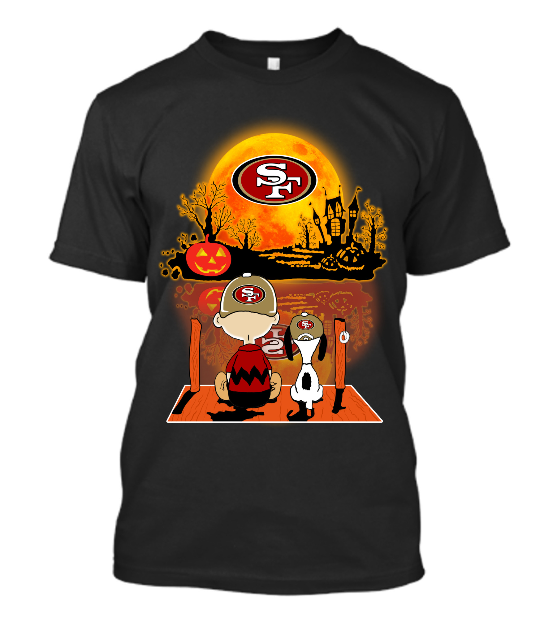 San Francisco 49ers Snoopy Charlie Brown Pumpkin Halloween Moon Scene T-Shirt