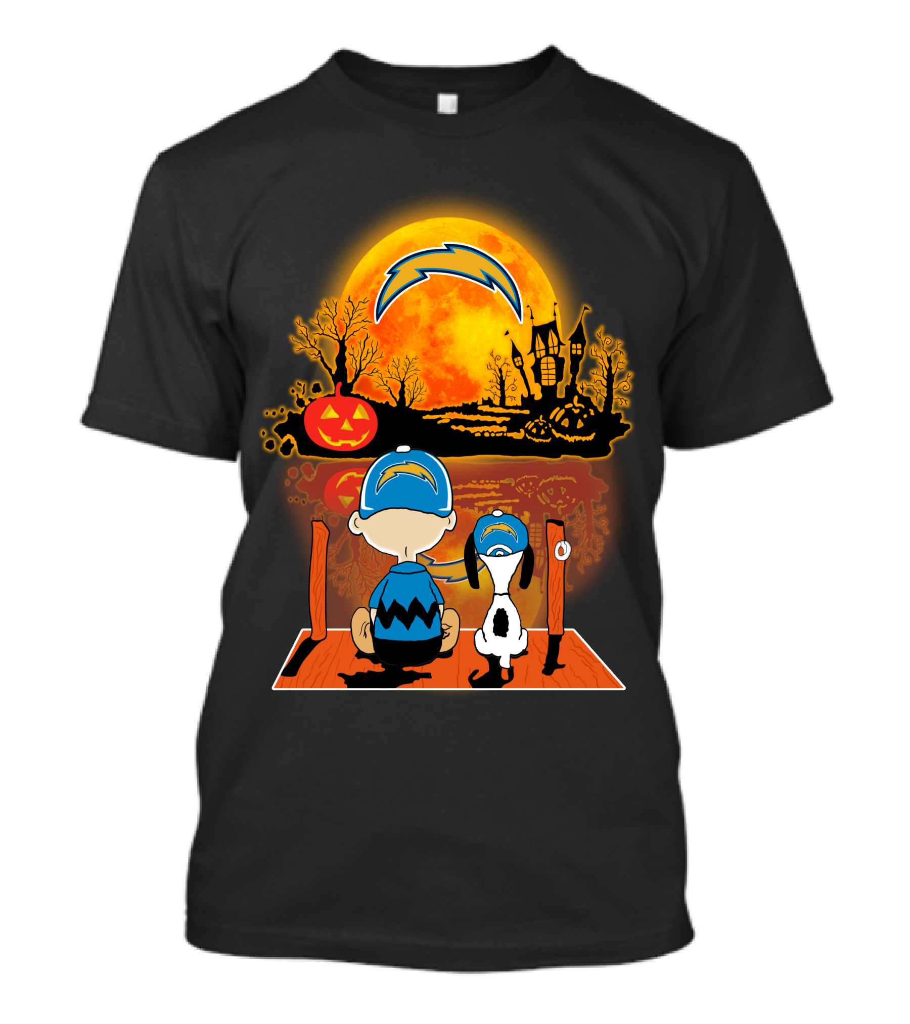 Los Angeles Chargers Charlie Brown Snoopy Pumpkin Moon Halloween Scene T-Shirt