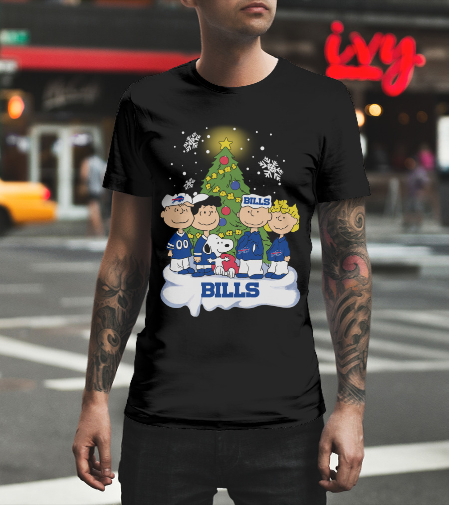 Snoopy And Peanuts Characters Celebrating With Buffalo Bills Christmas Tree T-Shirt