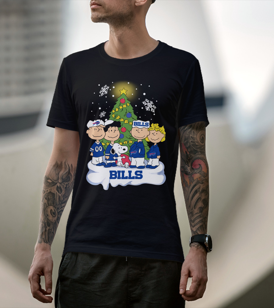 Snoopy And Peanuts Characters Celebrating With Buffalo Bills Christmas Tree T-Shirt