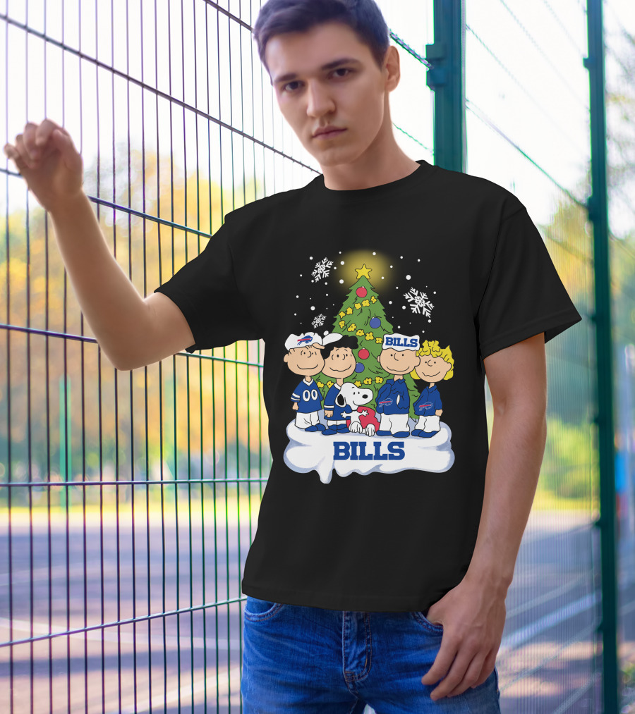 Snoopy And Peanuts Characters Celebrating With Buffalo Bills Christmas Tree T-Shirt