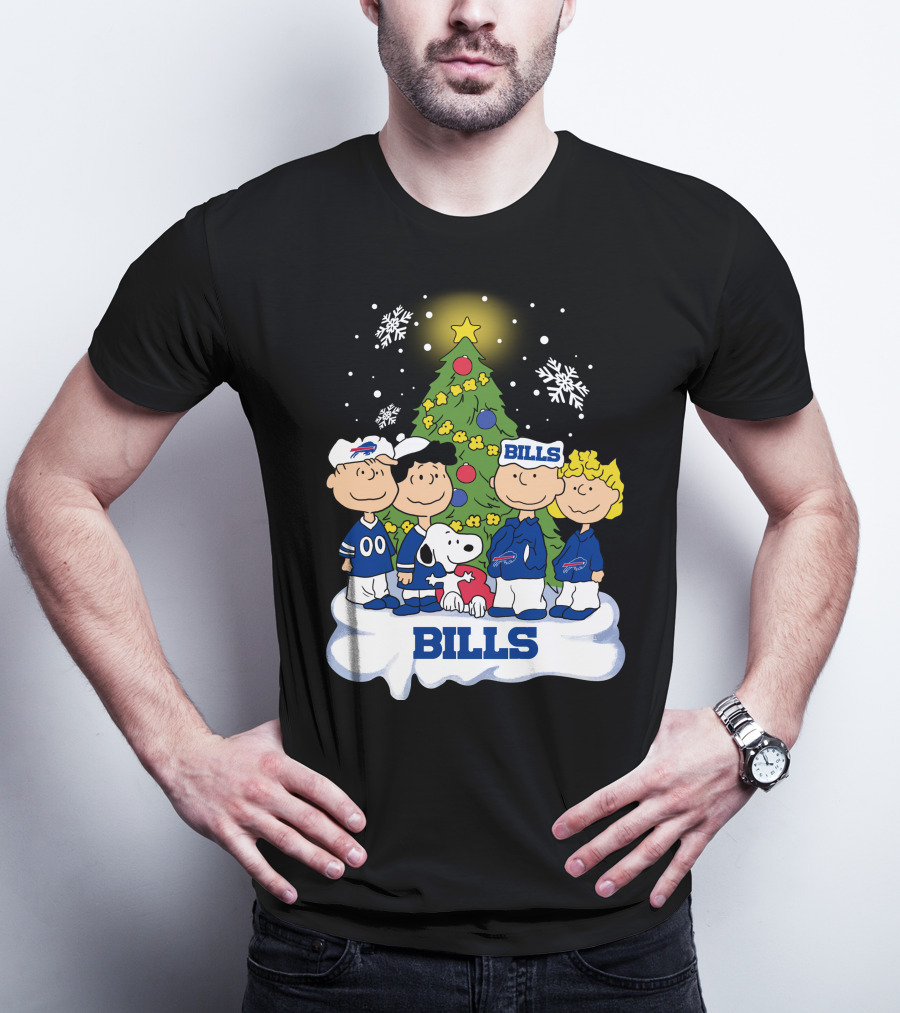 Snoopy And Peanuts Characters Celebrating With Buffalo Bills Christmas Tree T-Shirt
