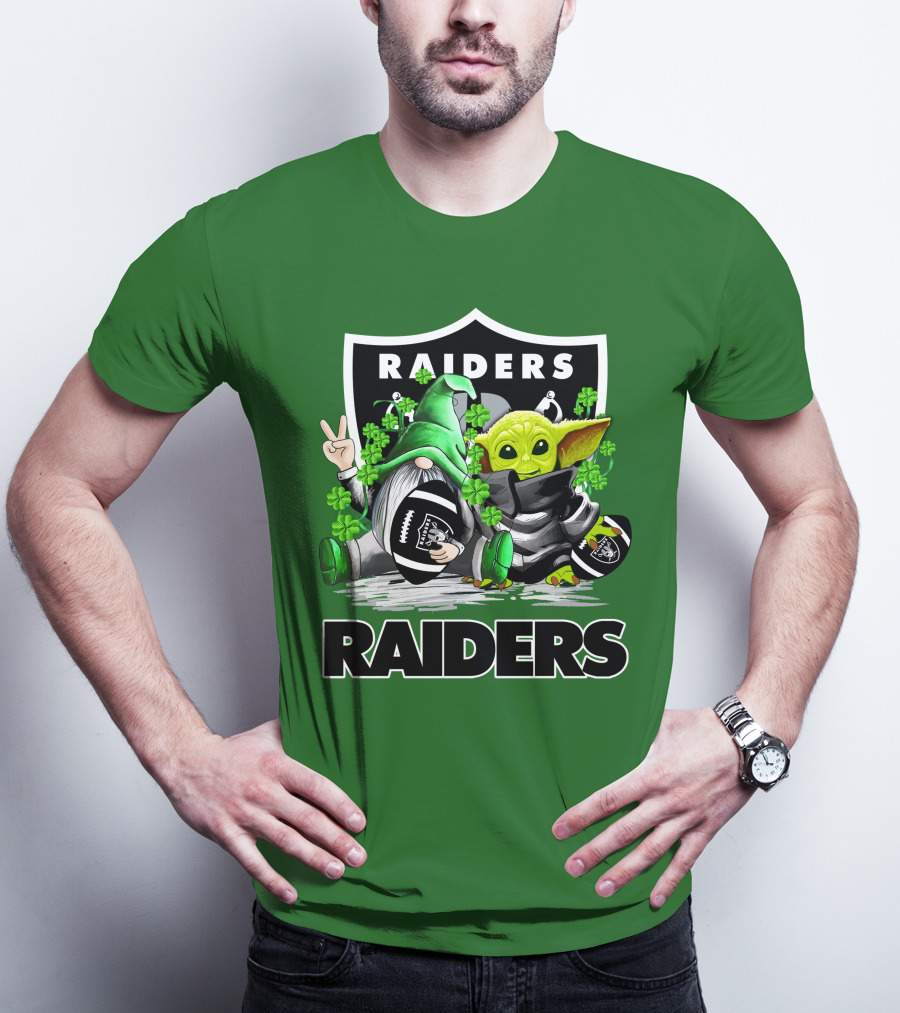 Raiders St. Patrick’s Day Football Gnome And Baby Alien With Clover Footballs T-Shirt