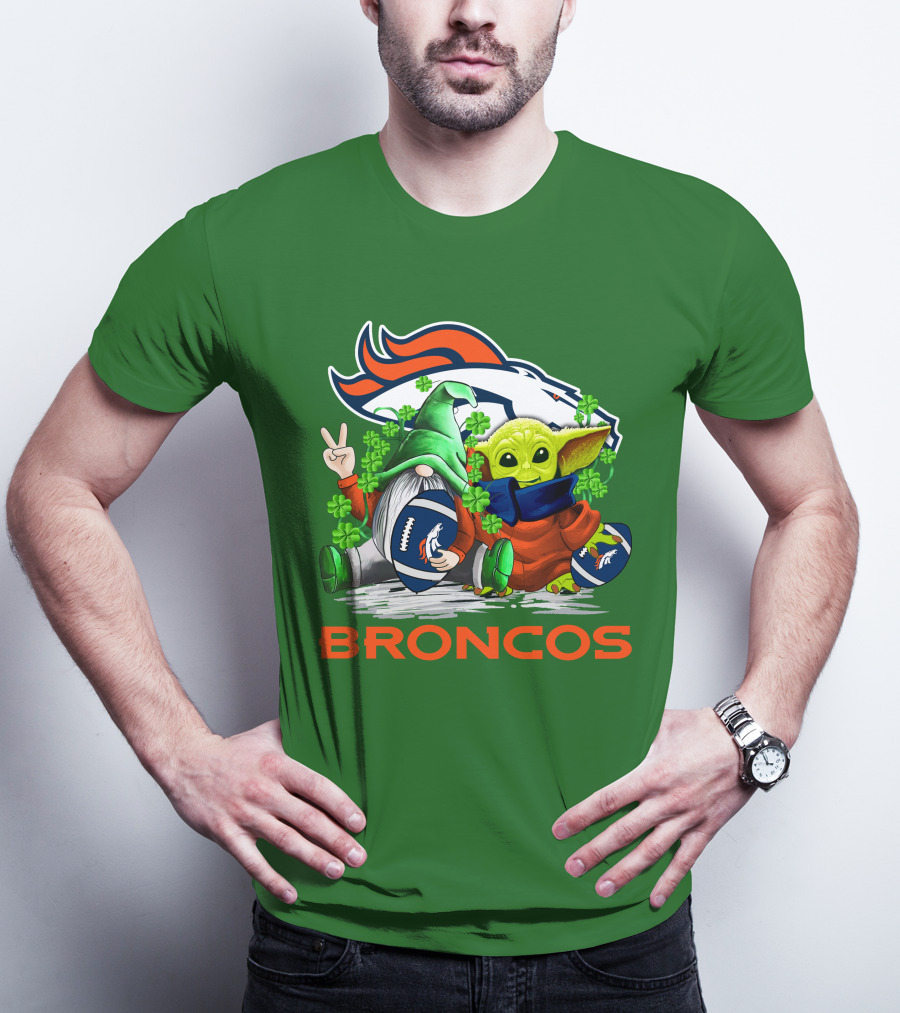 Denver Broncos Football St. Patrick’s Day Gnome And Green Alien With Shamrocks T-Shirt
