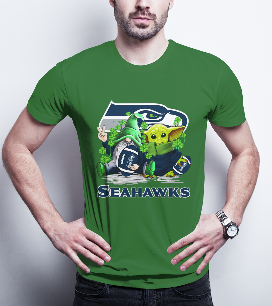 Seattle Seahawks St. Patrick's Day Gnome And Baby Yoda Football T-Shirt