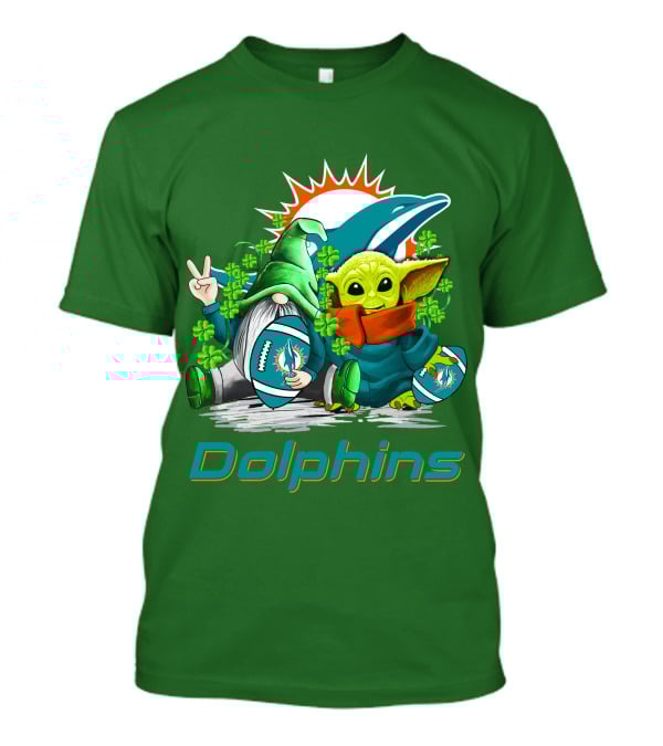 Miami Dolphins St Patrick's Day Football Gnome And Baby Alien With Shamrocks T-Shirt