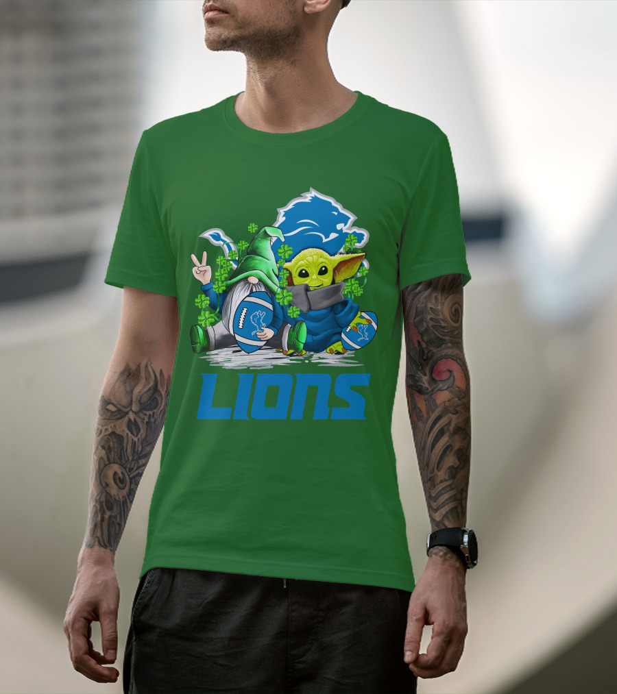Detroit Lions St. Patrick's Day Gnome And Yoda Football T-Shirt