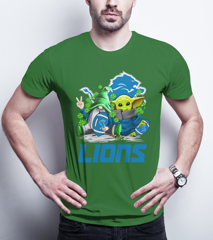 Detroit Lions St. Patrick's Day Gnome And Yoda Football T-Shirt