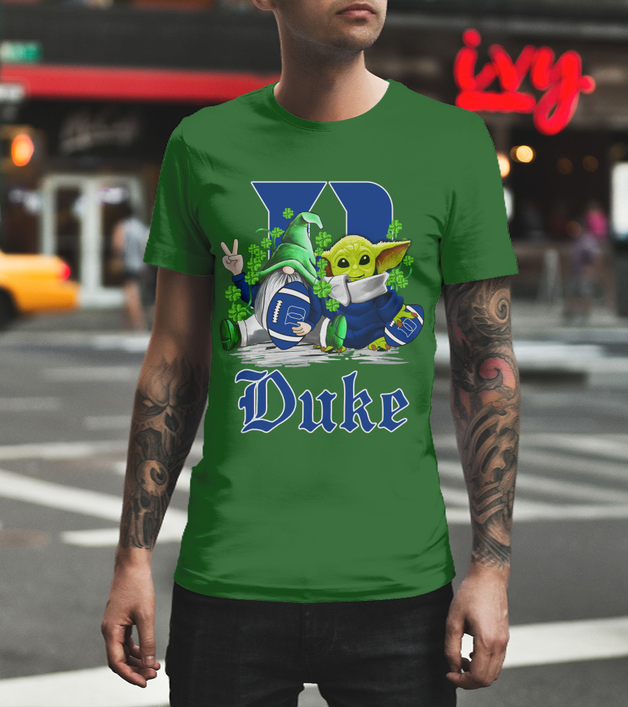 Duke Blue Devils Football St. Patrick's Day Gnome And Alien With Shamrocks T-Shirt