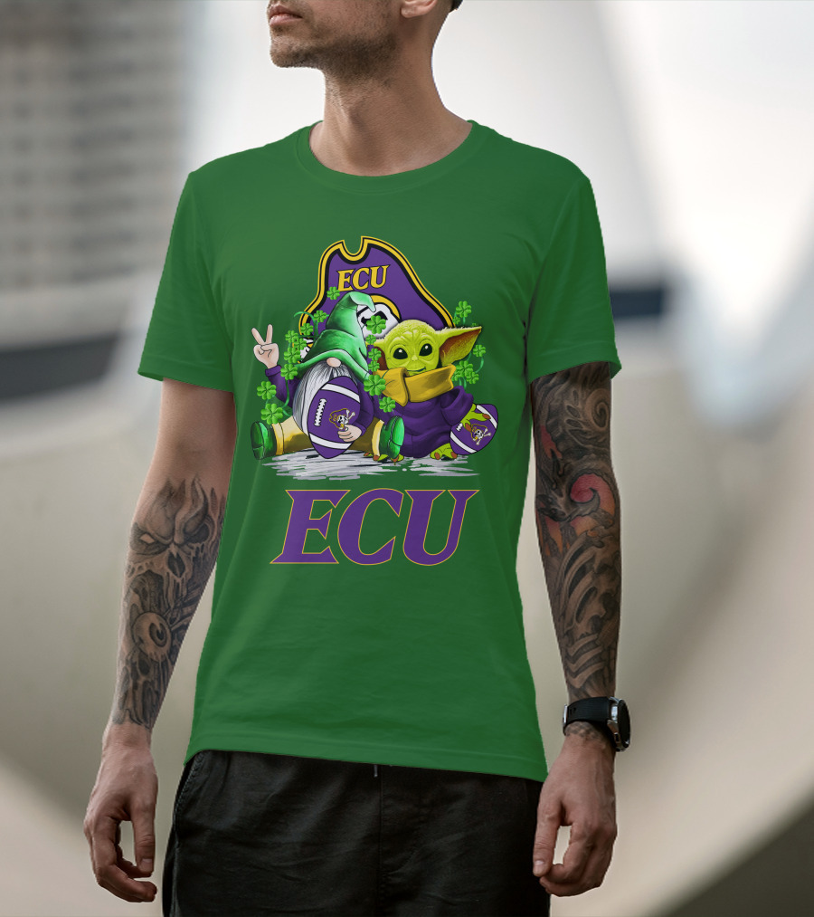 ECU East Carolina Pirates Football St. Patrick's Day Celebration With Gnome And Baby Alien T-Shirt