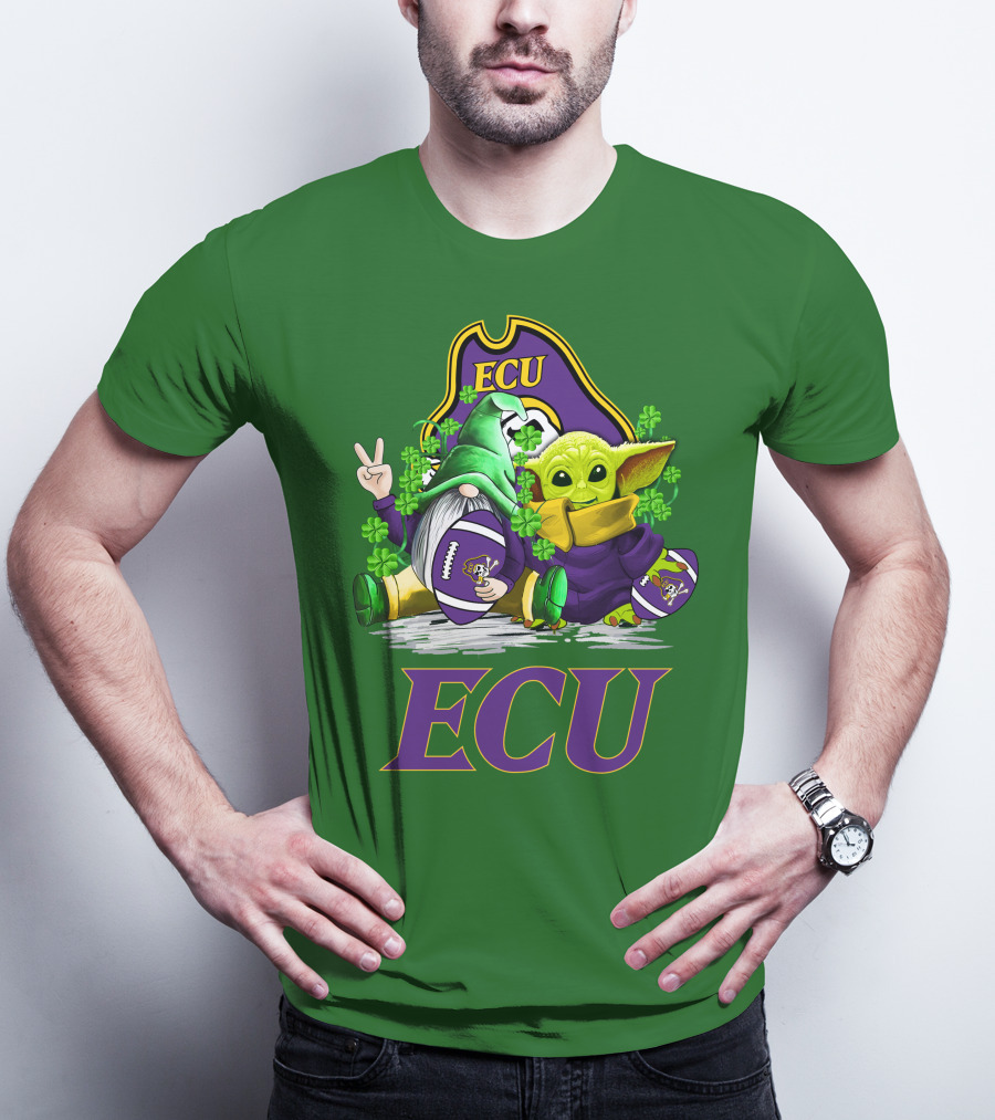 ECU East Carolina Pirates Football St. Patrick's Day Celebration With Gnome And Baby Alien T-Shirt