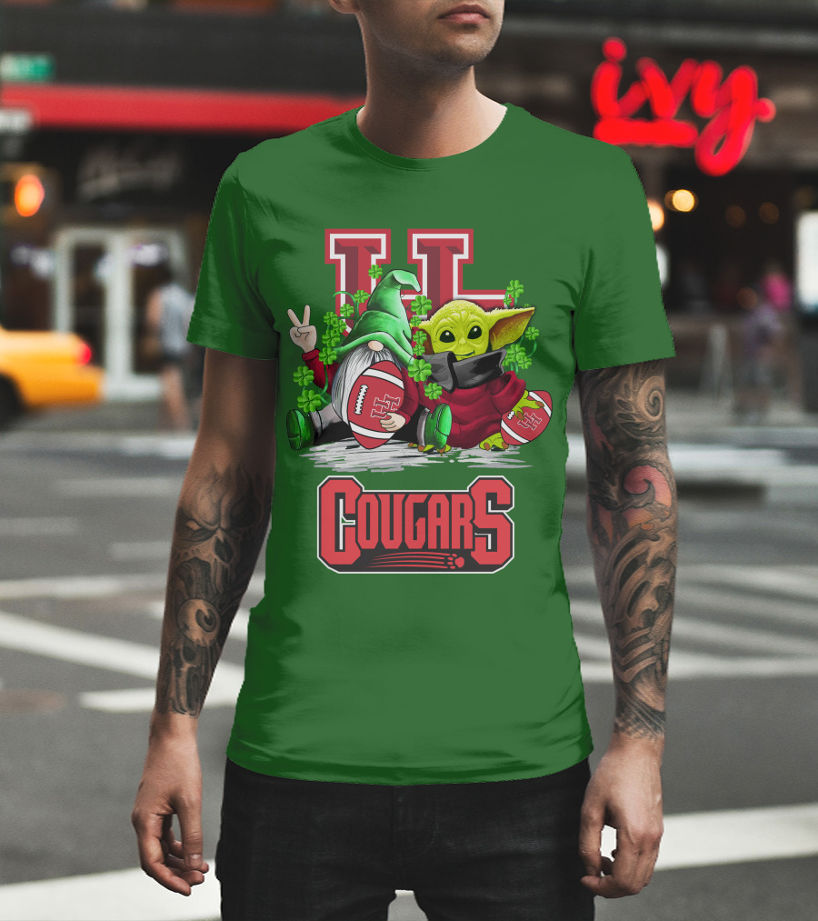 Houston Cougars St. Patrick's Day Football With Gnome And Green Character T-Shirt