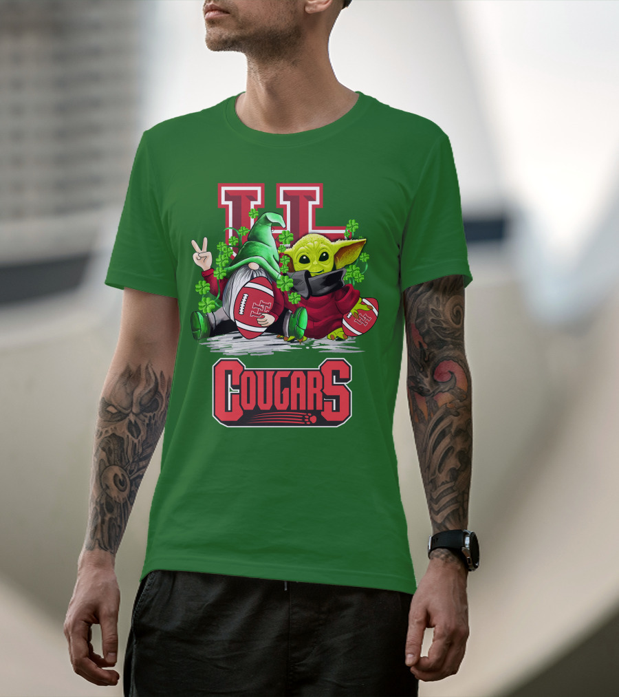 Houston Cougars St. Patrick's Day Football With Gnome And Green Character T-Shirt