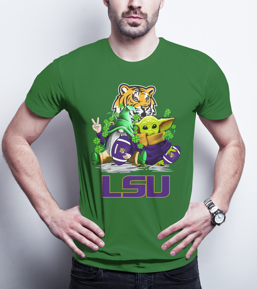 LSU Tigers Football St. Patrick's Day Gnome And Baby Alien With Shamrocks T-Shirt