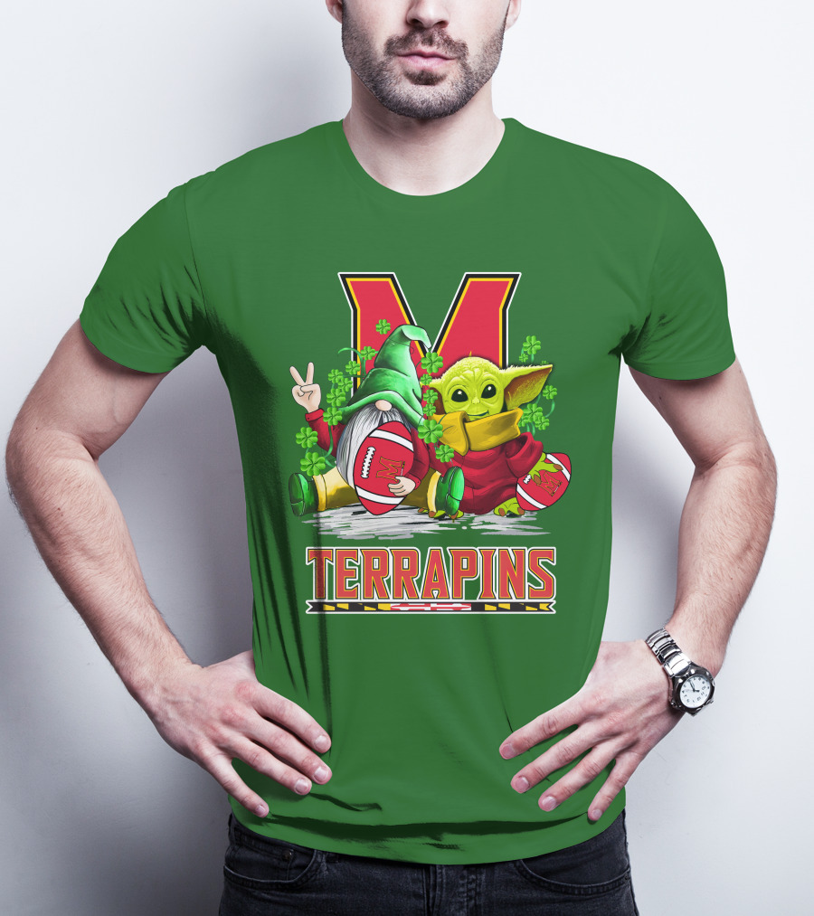 Maryland Terrapins Football St. Patrick's Day Gnome And Baby Yoda T-Shirt