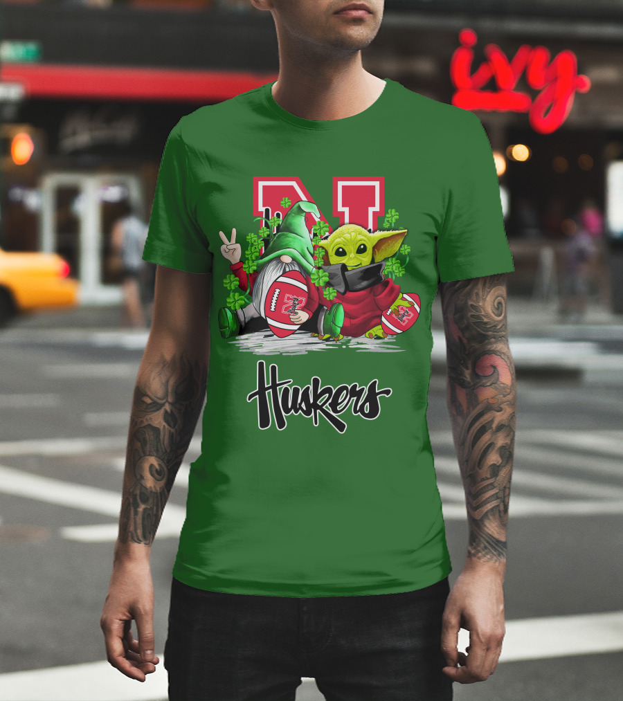 Huskers Nebraska Cornhuskers Football Saint Patrick's Day Green Character Football Image T-Shirt