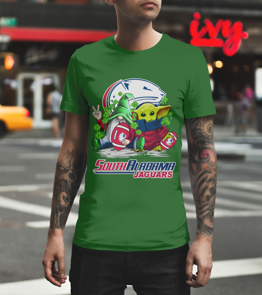 South Alabama Jaguars Football St. Patrick's Day Gnome And Baby Alien With Shamrocks T-Shirt