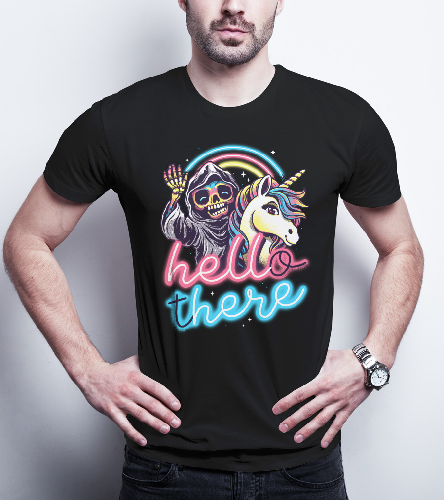 Hello There Grim Reaper And Unicorn Neon Rainbow T-Shirt