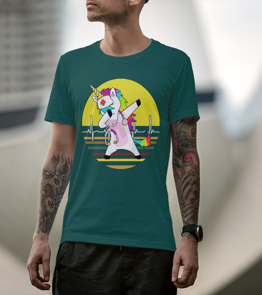Unicorn Nurse Dabbing With Rainbow Stethoscope And Heartbeat Background T-Shirt