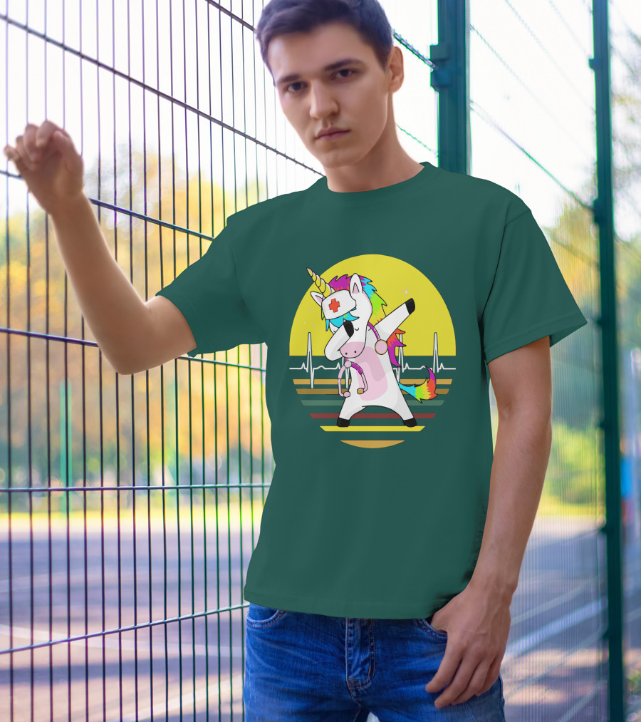 Unicorn Nurse Dabbing With Rainbow Stethoscope And Heartbeat Background T-Shirt
