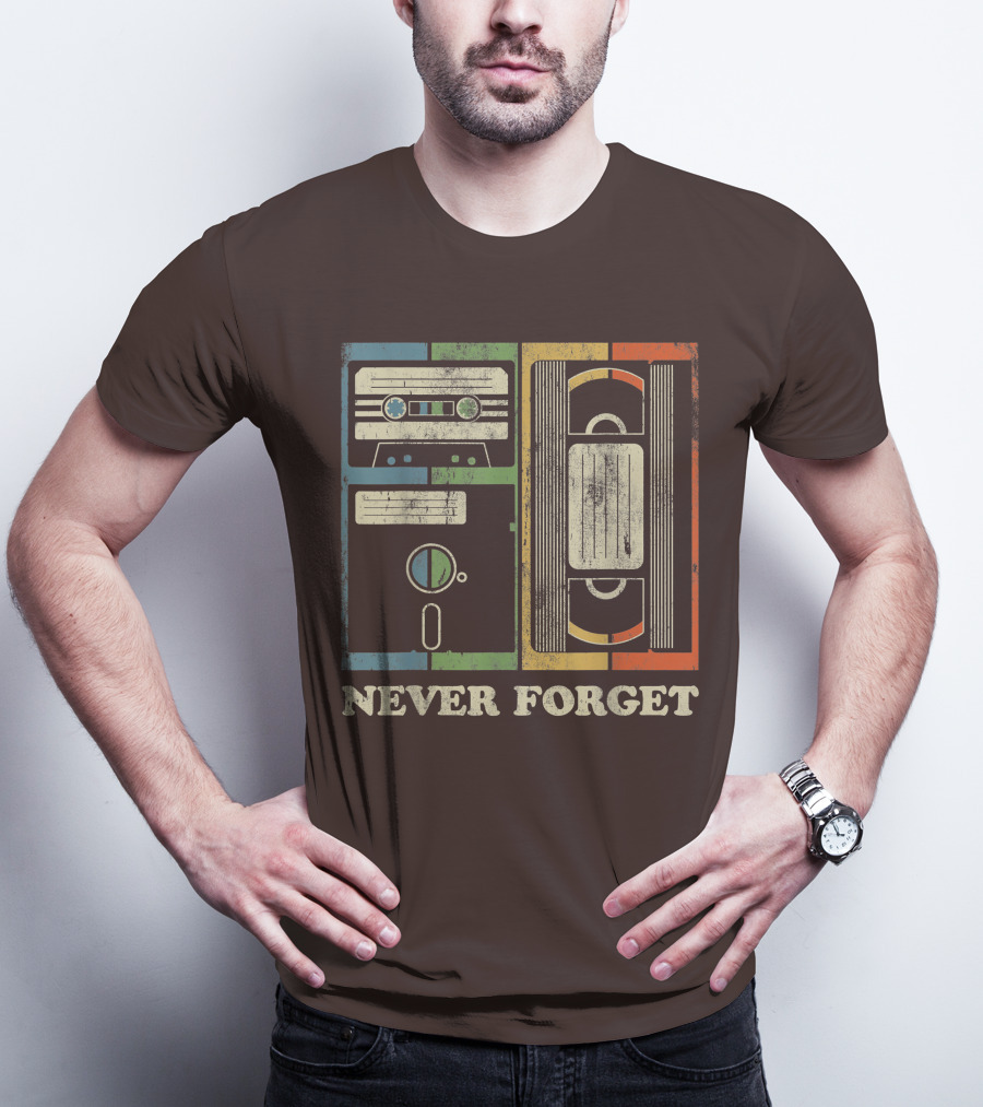 Never Forget Retro Vintage Cassette Floppy VHS Cool Funny Geeky Nerdy T-Shirt