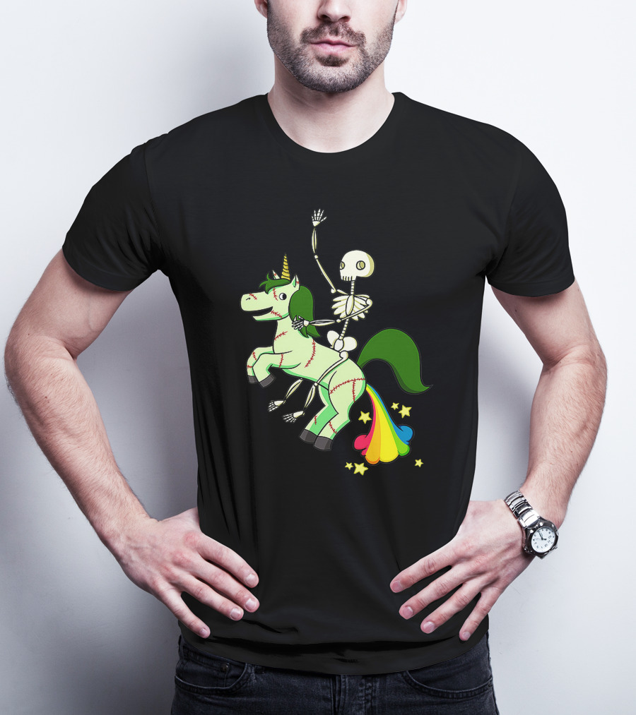 Skull Skeleton Riding Zombie Unicorn With Rainbow Tail And Green Mane T-Shirt