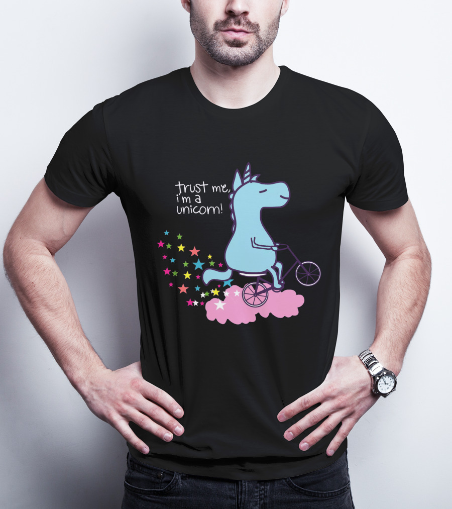 Trust Me I'm A Unicorn Riding Bicycle On Pink Cloud With Colorful Stars T-Shirt
