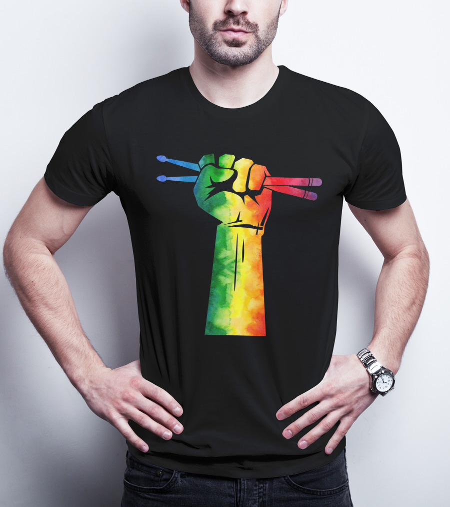 Drumstick Drummer Rainbow Fist T-Shirt