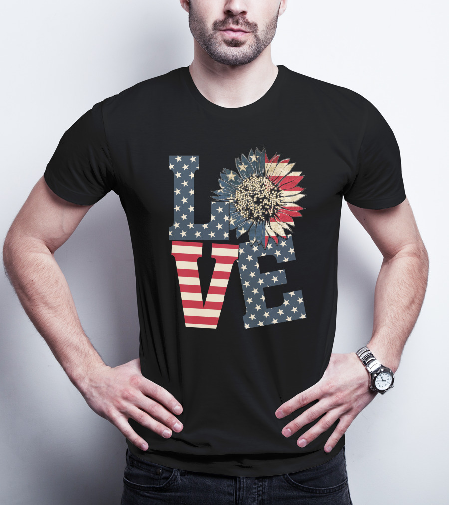 Sunflower Love American Flag Stars And Stripes Flower T-Shirt