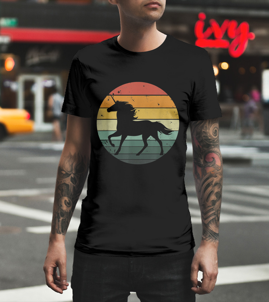 Unicorn Silhouette Against Retro 70s Sunset Stripes T-Shirt