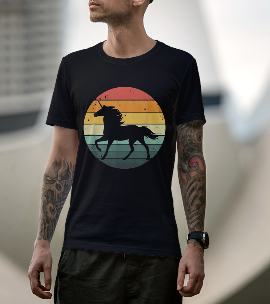 Unicorn Silhouette Against Retro 70s Sunset Stripes T-Shirt