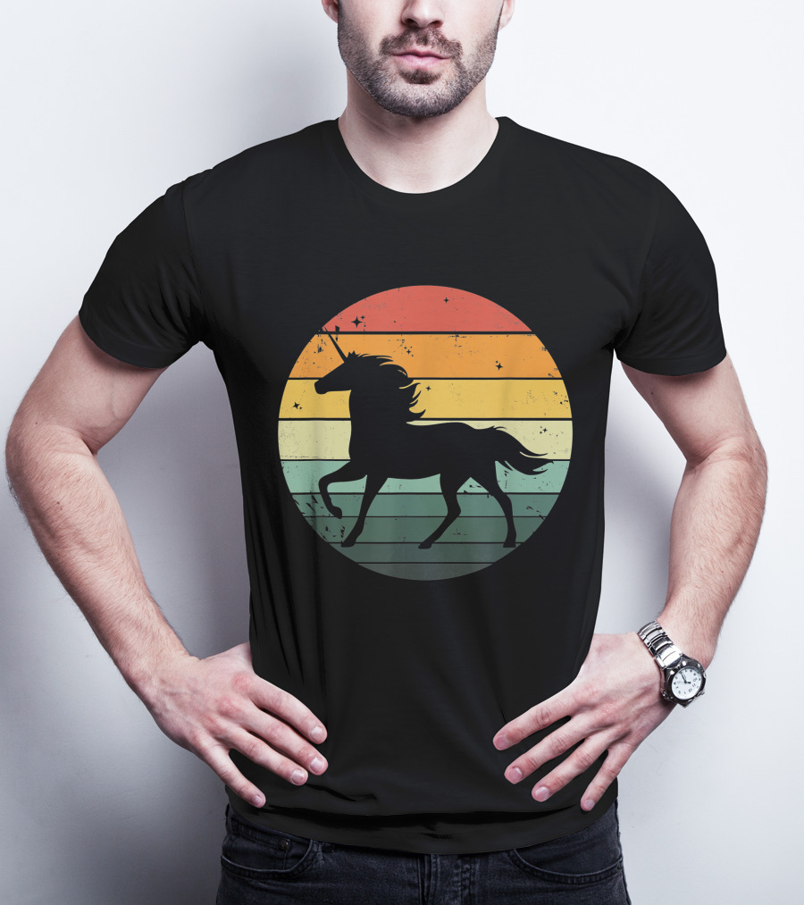 Unicorn Silhouette Against Retro 70s Sunset Stripes T-Shirt