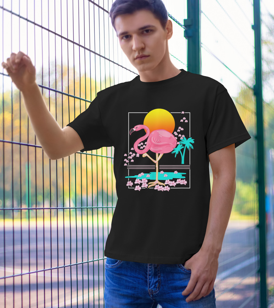 Flamingo Tropical Flowers And Sunset Scene T-Shirt