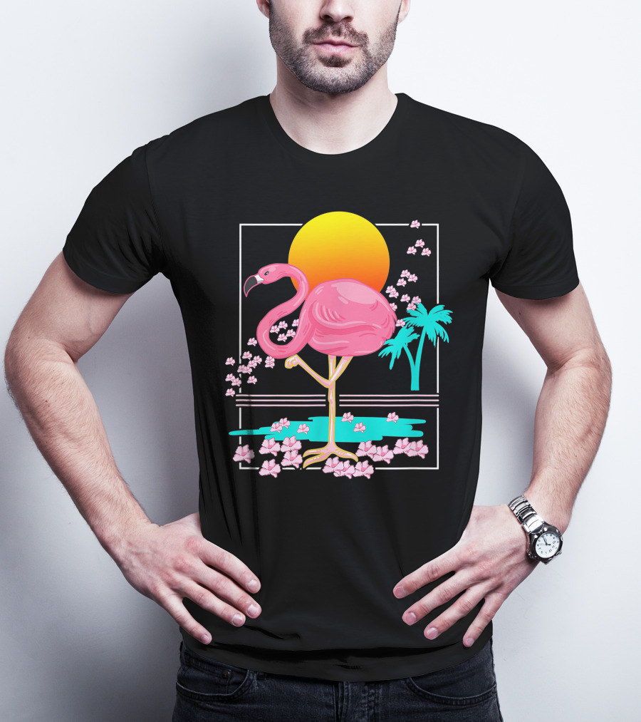 Flamingo Tropical Flowers And Sunset Scene T-Shirt
