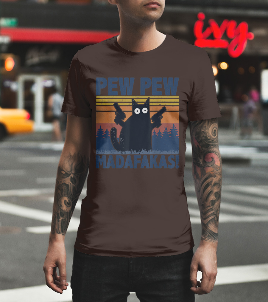 Pew Pew Madafakas Funny Vintage Cat With Guns Retro Forest Background T-Shirt