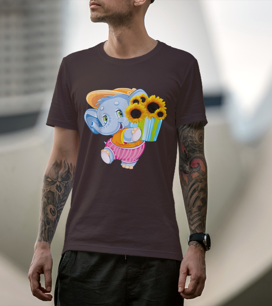 Cute Baby Elephant With Sunflowers And Pink Striped Shorts T-Shirt