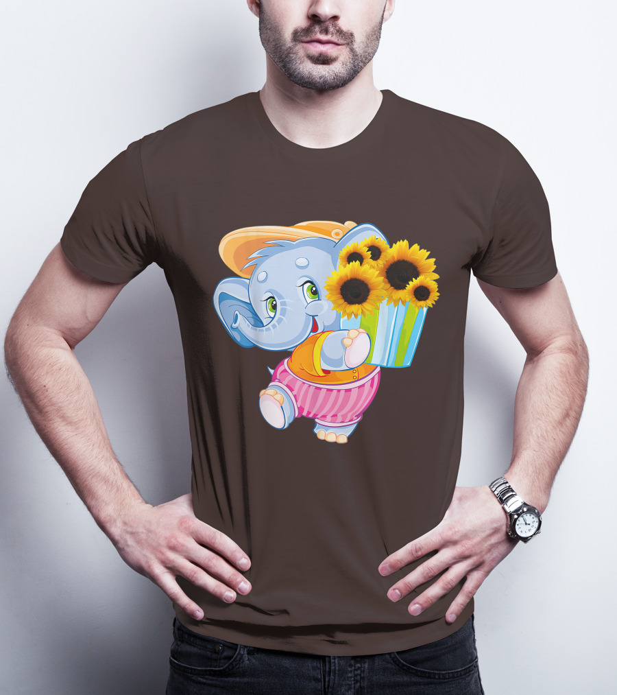 Cute Baby Elephant With Sunflowers And Pink Striped Shorts T-Shirt