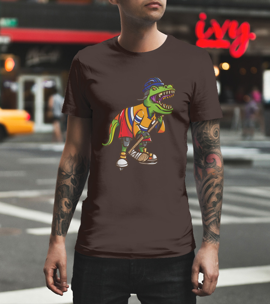 Roller Skates Hockey Dinosaur In Uniform With Stick And Helmet T-Shirt