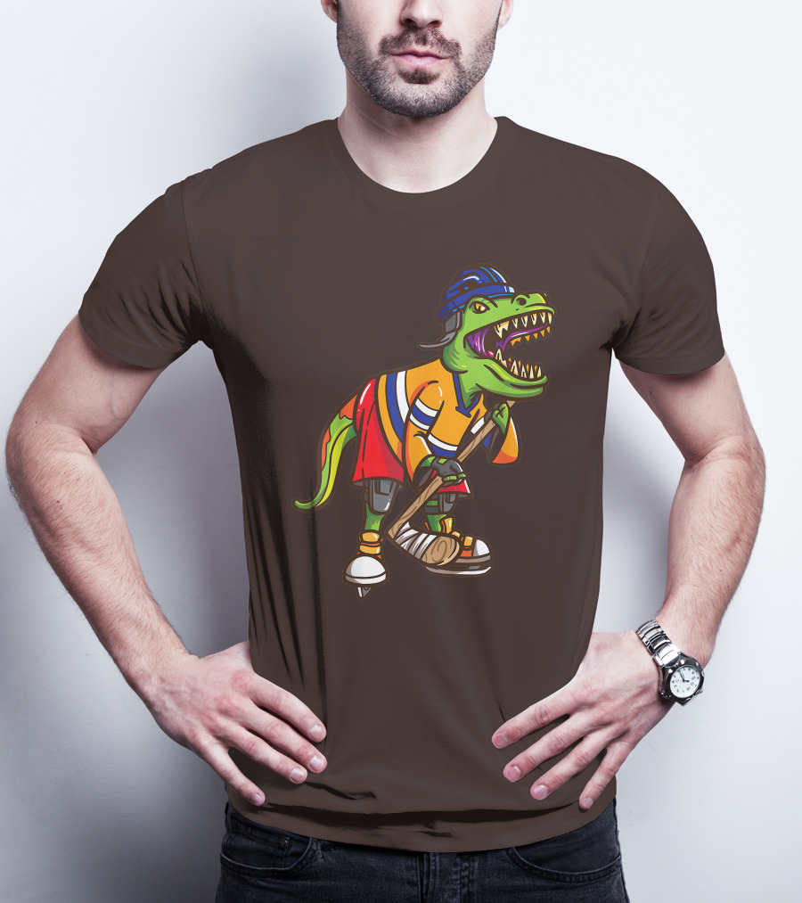 Roller Skates Hockey Dinosaur In Uniform With Stick And Helmet T-Shirt