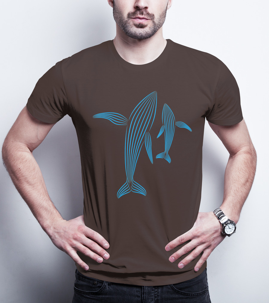 Save The Whales Blue Line Art Humpback Whale Pair Awareness T-Shirt