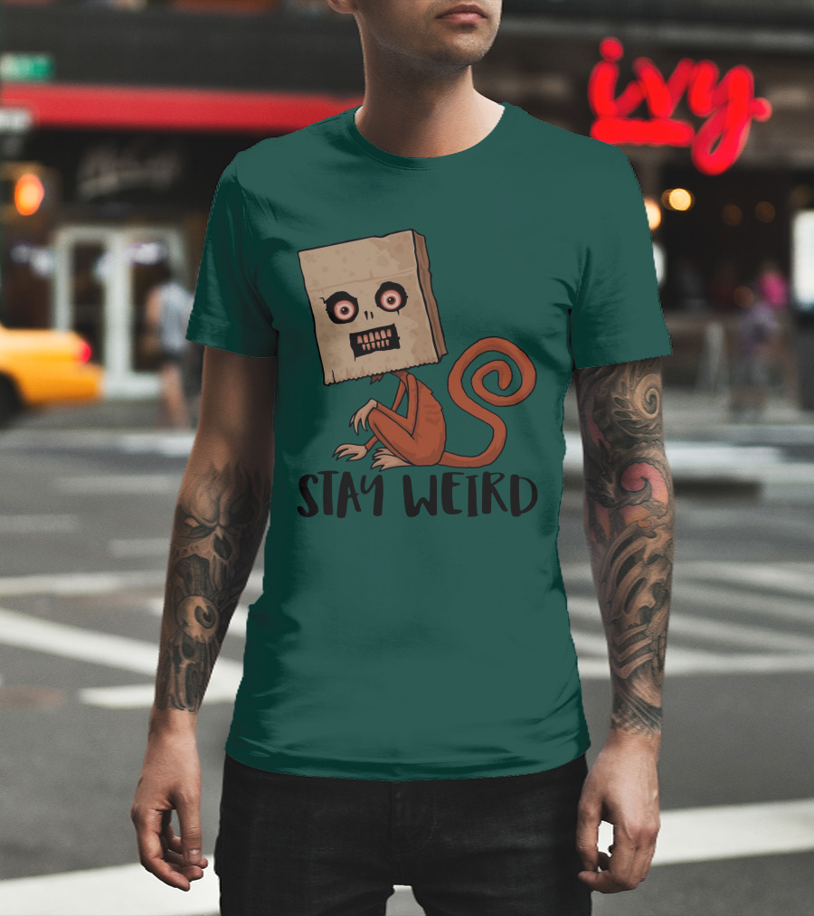 Stay Weird Sack Monkey Creepy Box Head Cartoon T-Shirt