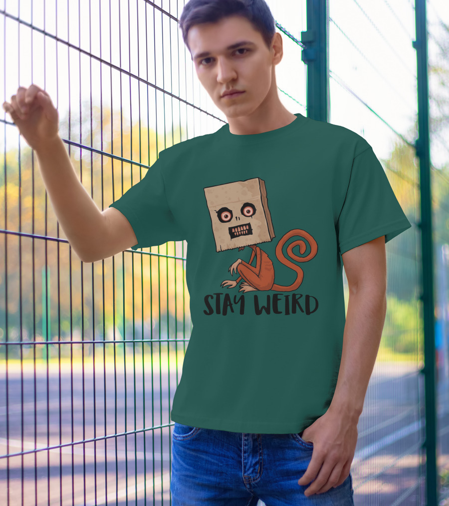 Stay Weird Sack Monkey Creepy Box Head Cartoon T-Shirt