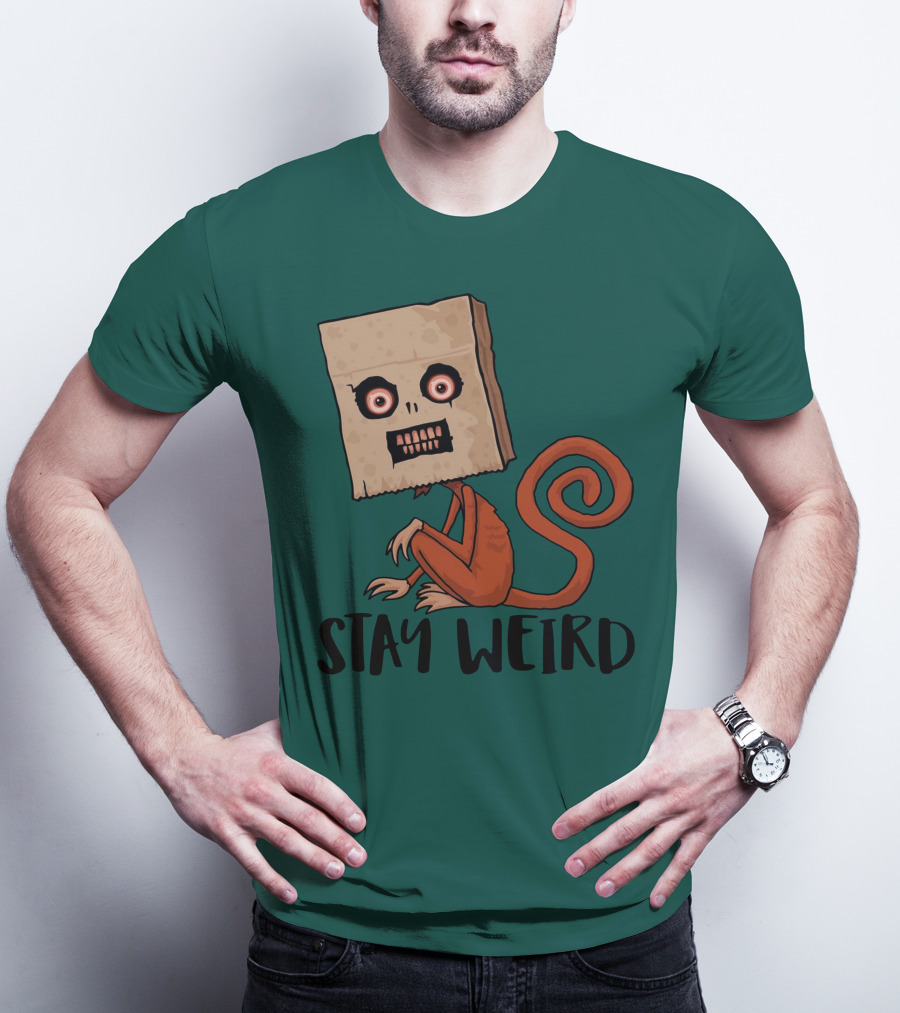 Stay Weird Sack Monkey Creepy Box Head Cartoon T-Shirt