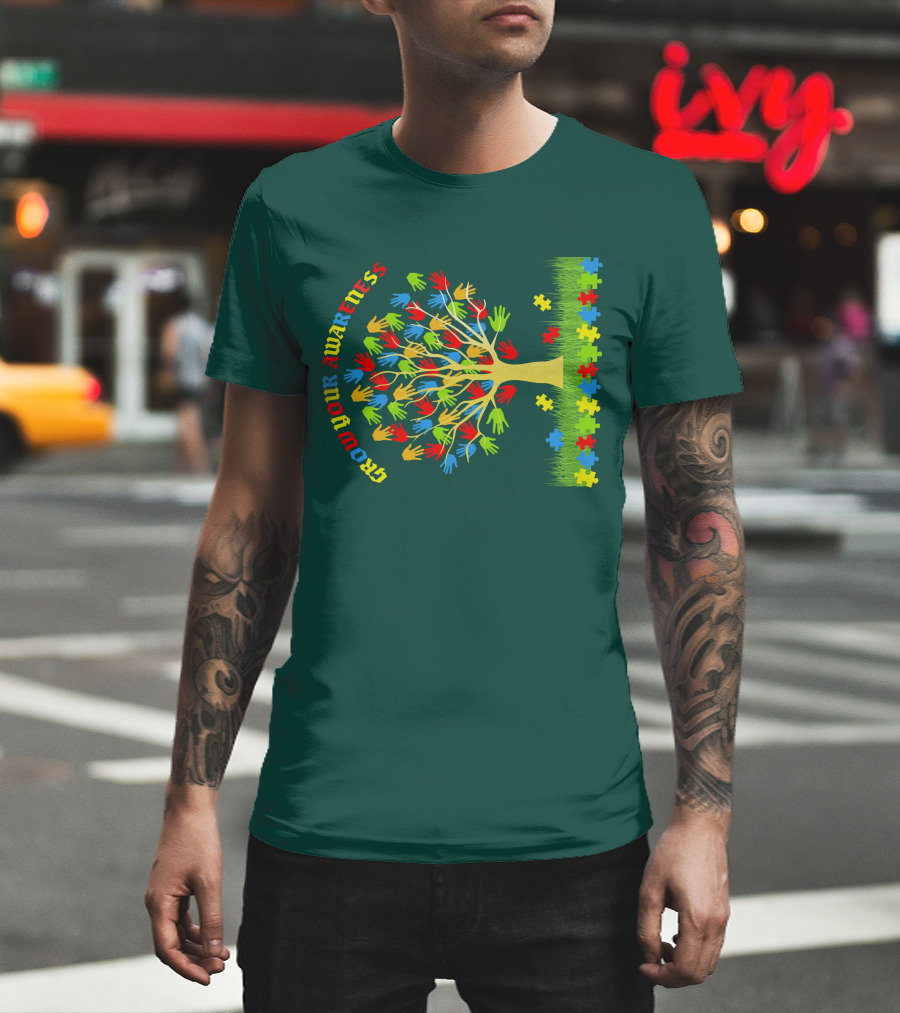 Grow Your Awareness Tree Of Colored Hands And Puzzle Pieces T-Shirt