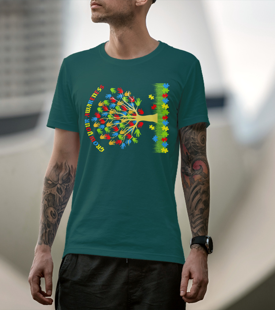 Grow Your Awareness Tree Of Colored Hands And Puzzle Pieces T-Shirt
