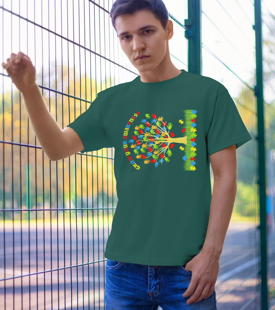 Grow Your Awareness Tree Of Colored Hands And Puzzle Pieces T-Shirt